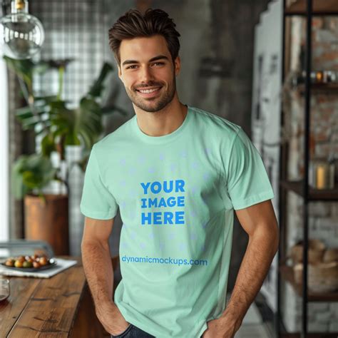Man Wearing Mint T Shirt Mockup Front View Template