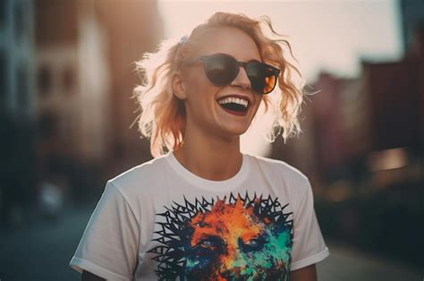 Premium Ai Image Laughing Woman Wearing Fashionable Tshirt Blonde Lady Posing Outside With