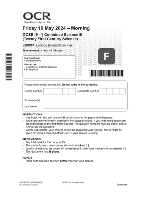 Actual 2024 Ocr Gcse 9 1 Combined Science B J26001 Biology
