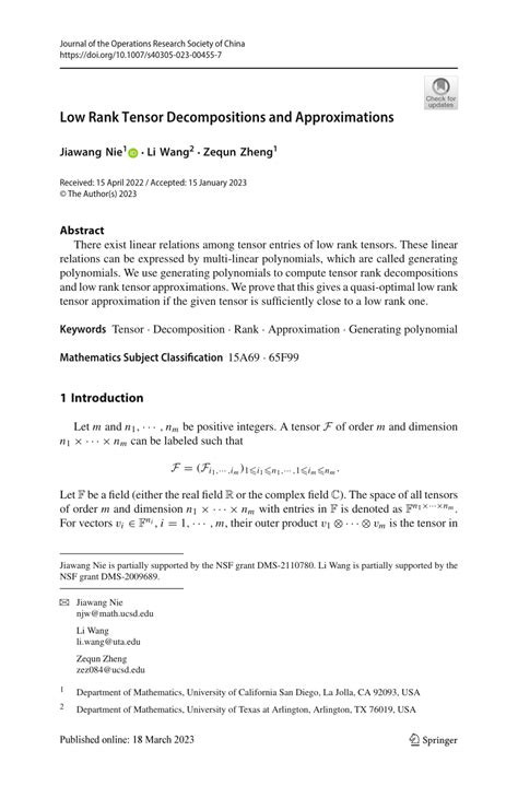 Pdf Low Rank Tensor Decompositions And Approximations