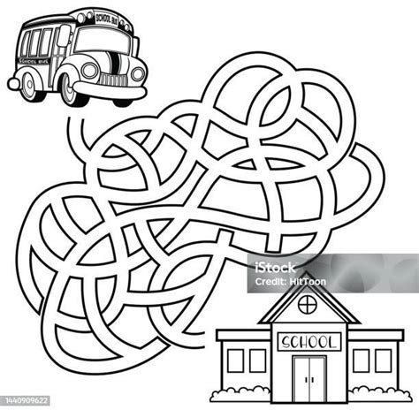 어린이를위한 만화 미로 게임 교육은 스쿨 버스가 학교에 도착하는 데 도움을줍니다 0명에 대한 스톡 벡터 아트 및 기타 이미지