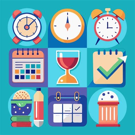Time Management Icons Set With Calendar Clock Pencil And Wine Glass Premium Ai Generated Vector