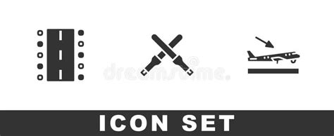 Set Airport Runway Marshalling Wands And Plane Landing Icon Vector Stock Vector Illustration