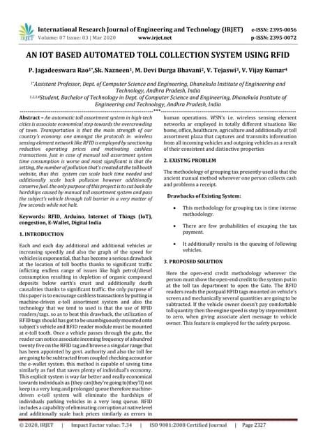 Irjet An Iot Based Automated Toll Collection System Using Rfid Pdf