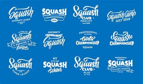 빈티지 스쿼시 문구 세트입니다 파란색 배경에 있는 엠블럼 배지 템플릿 스티커 0명에 대한 스톡 벡터 아트 및 기타 이미지 0