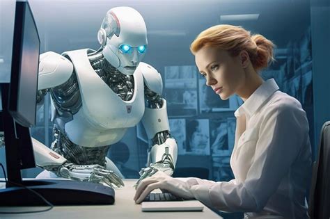 Premium Photo A Woman At A Computer Programs A Humanoid Robot