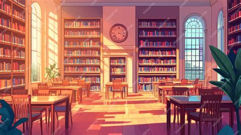 Cartoon Illustration Of A Library With Many Books Premium Ai