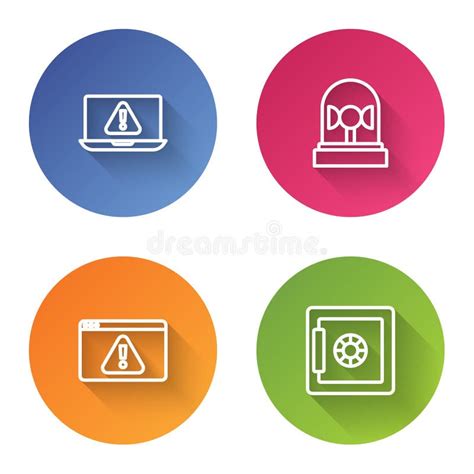 Set Line Laptop With Exclamation Mark Flasher Siren Browser And Safe Color Circle Button