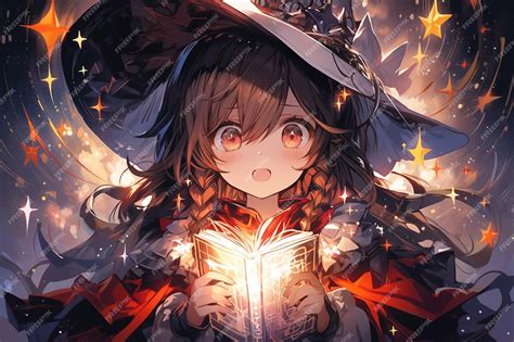 Premium Ai Image Anime Girl In A Witch Hat Holding A Book In Front Of