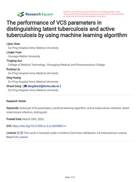 Pdf The Performance Of Vcs Parameters In Distinguishing Latent Tuberculosis And Active