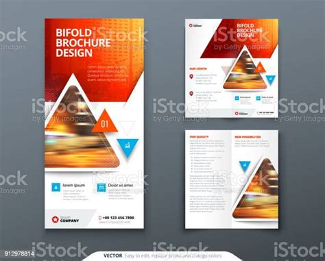 Bifold 브로셔 디자인입니다 레드 Bi 오렌지 템플릿 전단지를 접어 현대 삼각형 사진과 추상 배경 레이아웃입니다 창의적인 개념 접힌된 전단 이나 팜플렛 0명에 대한 스톡