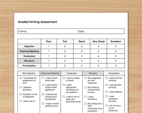 Writing Assessment Rubric Grading Worksheet And Template For Eslell