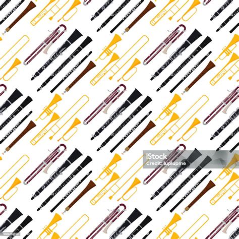 바람 악기 도구 음향 음악가 장비 오케스트라 원활한 패턴 배경 벡터 일러스트 레이 션 목관악기에 대한 스톡 벡터 아트 및 기타 이미지 목관악기 Classical