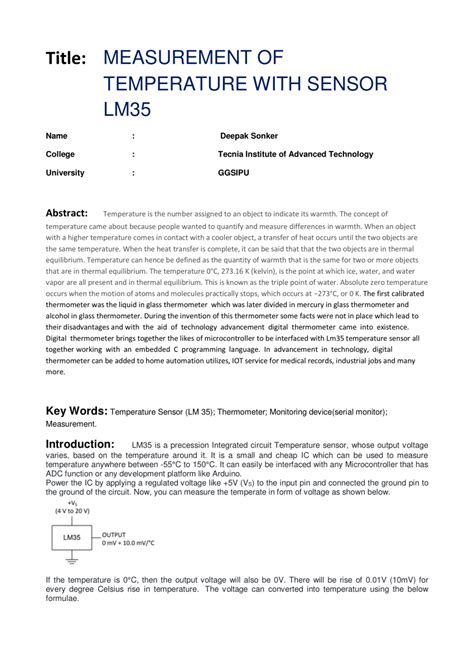 PDF Title MEASUREMENT OF TEMPERATURE WITH SENSOR LM35 Introduction