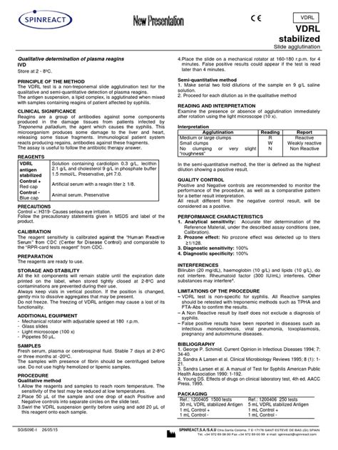 Vdrl Stabilized Qualitative Determination Of Plasma Reagins Pdf Sensitivity And Specificity