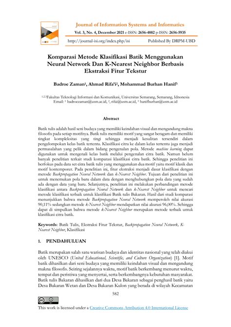 Pdf Komparasi Metode Klasifikasi Batik Menggunakan Neural Network Dan