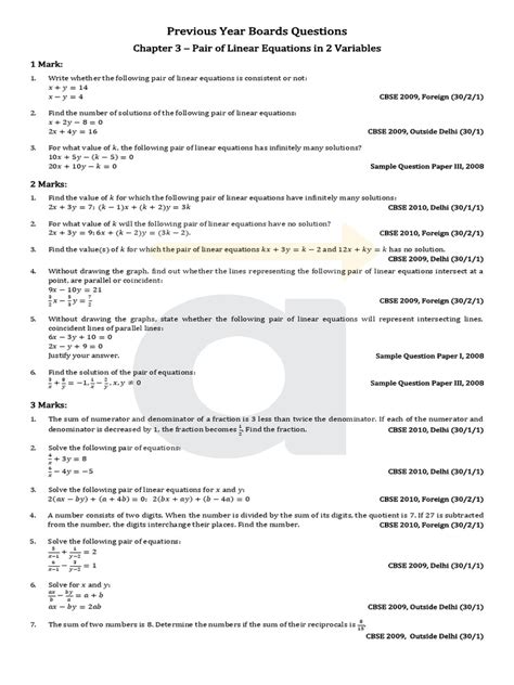 Pair Of Le In 2 Variables Prev Year Ques Pdf System Of Linear Equations Equations