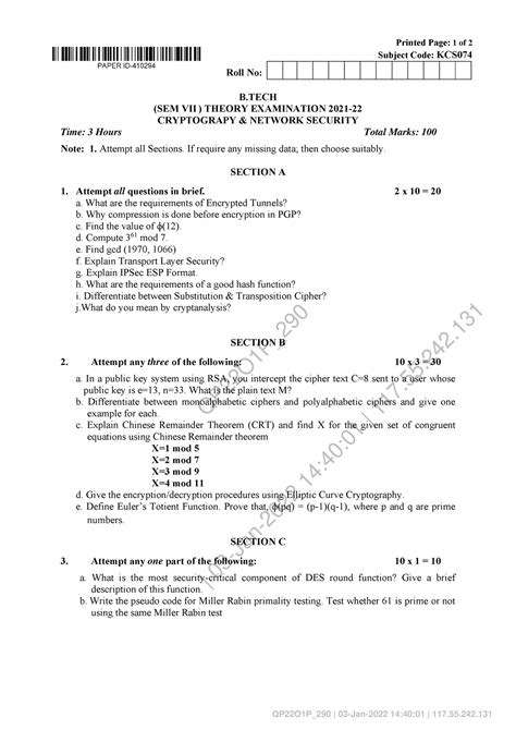 Btech Cs 7 Sem Cryptography Network Security Kcs074 2022 Qp22o1p