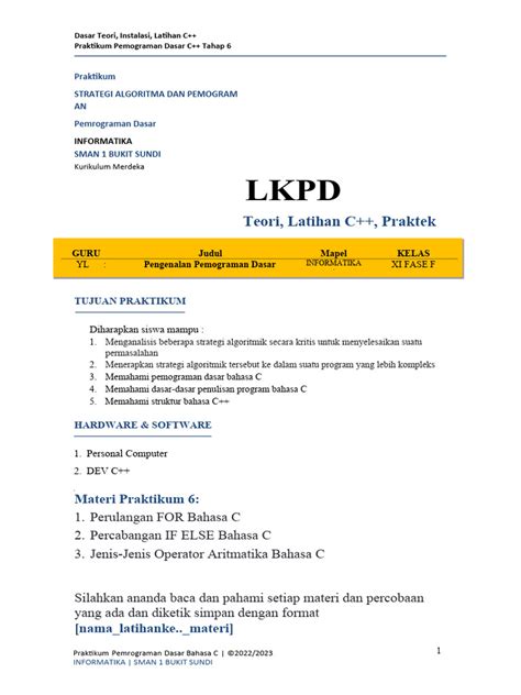 Lkpd Pemograman Dasar Bahasa C Tahap 6 Pdf