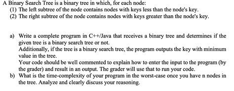 Solved A Binary Search Tree Is A Binary Tree In Which For Chegg Com