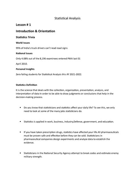 Introduction Of Statistical Analysis Statistical Analysis Lesson 1