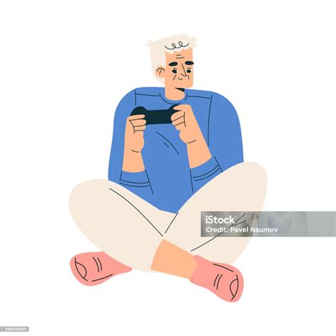 새로운 기술 와 고위 남자 캐릭터 와 Gamepad 놀이 비디오 게임 벡터 일러스트 레이 션 Brand Name Video