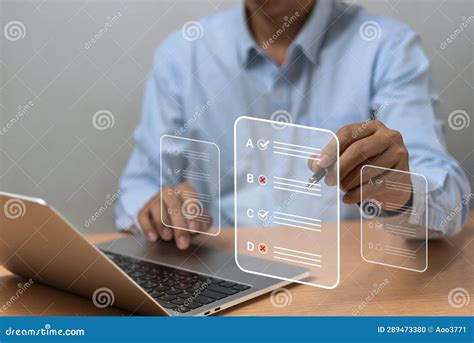 Man Chooses Questionnaire With Checkbox Survey Form Online Answer Questions In The Exam Of