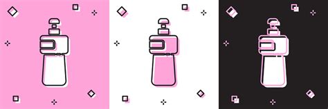 분홍색과 흰색 검은 색 배경에 격리 된 식기 세척 액상 병 아이콘을 설정합니다 설거지용 액체 세제 벡터 일러스트레이션 가사