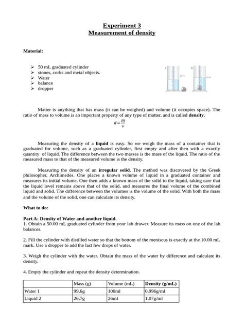 Experiment 3 Mesurement Of Density New Pdf Density Volume