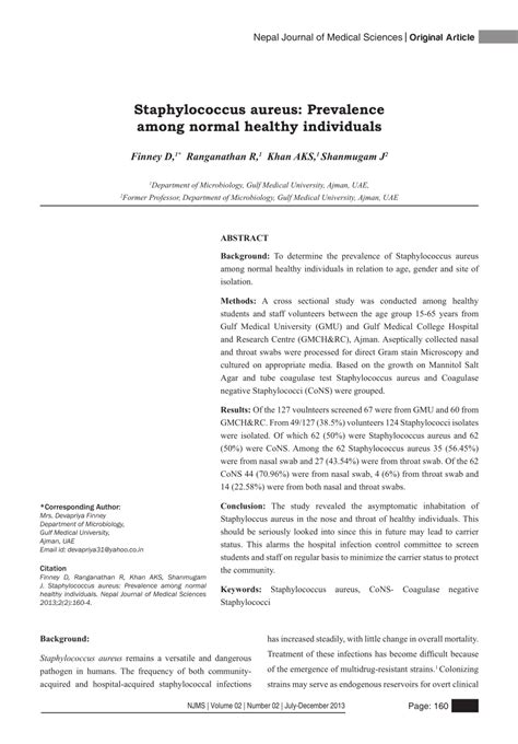 Pdf Staphylococcus Aureus Prevalence Among Normal Healthy Individuals