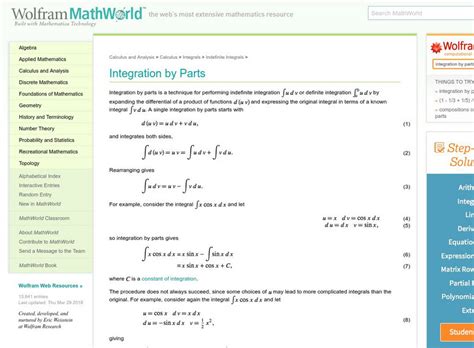 Wolfram Math World Integration By Parts Handout For 9th 10th Grade