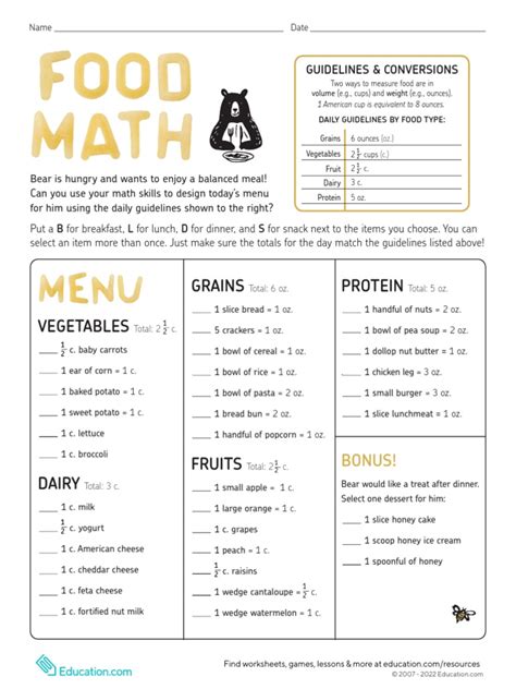 Food Math Pdf Foods Lunch