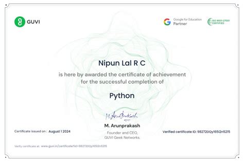 finished python course with guvi nipun lal rc posted on the topic linkedin