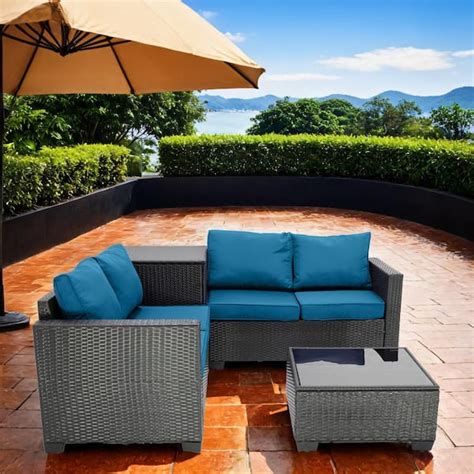 Fiziti 4 Piece Patio Wicker Sectional Sofa Set With Peacock Blue
