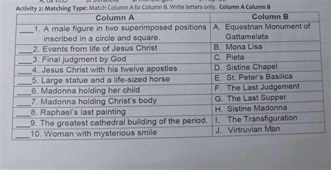 Activity 2 Matching Type Match Column A To Column B Write Letters Only