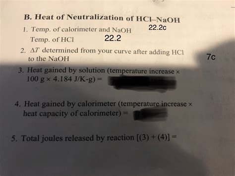 Solved B Heat Of Neutralization Of Hci Naoh 1 Temp Of