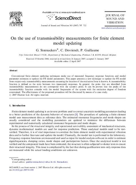 Pdf On The Use Of Transmissibility Measurements For Finite Element Model Updating