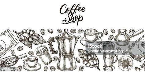 컵 커피 메이커 콩이 있는 완벽 한 배경 카페 가게 메뉴 라벨 디자인 요소 벡터 스케치 그림 0명에 대한 스톡 벡터 아트 및 기타 이미지 Istock
