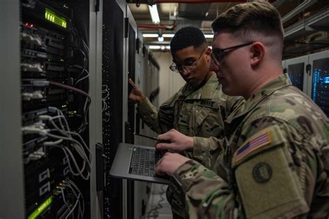 Premium Photo Military Men Work With Open Server Rack Cabinet In Data