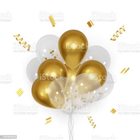 색종이가 있는 사실적인 황금색과 투명한 3d 풍선 생일에 대한 스톡 벡터 아트 및 기타 이미지 생일 카드보드 풍선