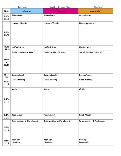 Weekly Lesson Planning Template For Preschool