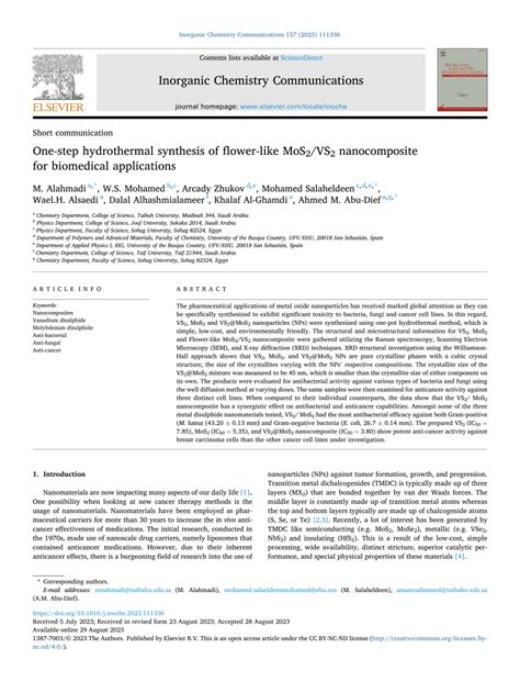 Pdf One Step Hydrothermal Synthesis Of Flower Like Mos2 Vs2 Nanocomposite For Biomedical