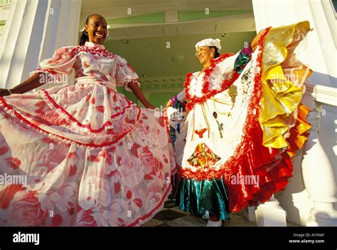 Caribbean Netherlands Curacao Colorful Ladies In Dance Costumes Mansion