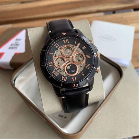 Original Fossil Grant Sport Auto Black Leather Watch Mens Fashion
