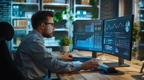 premium photo a man works on a computer with a graph showing on the