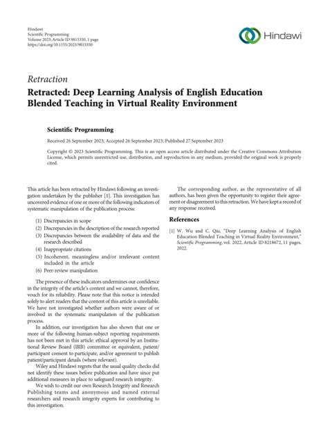 Pdf Retracted Deep Learning Analysis Of English Education Blended Teaching In Virtual Reality