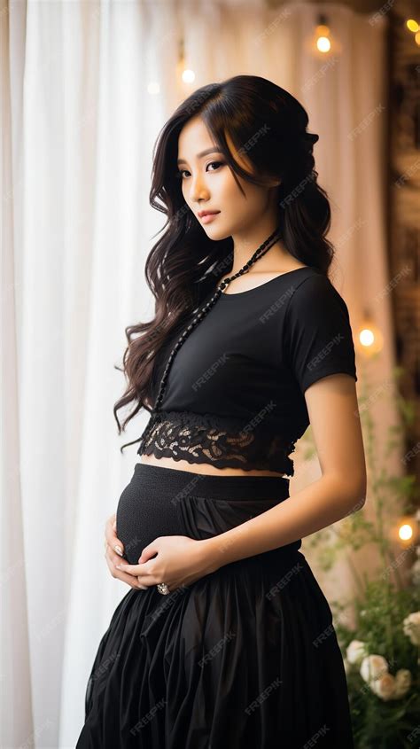 Portrait Of An Attractive Korean Pregnant Woman Wearing Black Tops