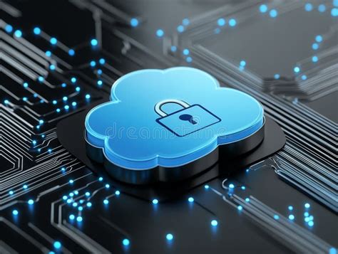 Glossy Blue Cloud Icon With A Lock Placed On A Detailed Circuit Board Symbolizing Secure Cloud
