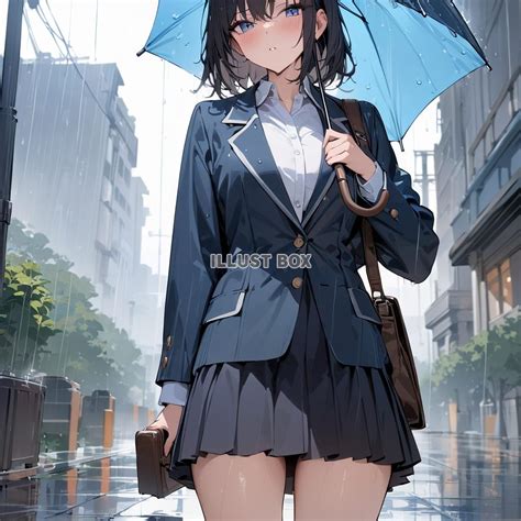 無料イラスト 梅雨に傘をさして登下校する女子高生