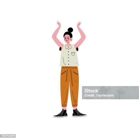 그녀의 겨드랑이에 머리를 표시 하는 그녀의 팔에 서 서 젊은 여자 그녀의 시체를 사랑 하는 여성 캐릭터 자기 수용 아름다움 다양성 신체 긍정적인 벡터 일러스트 레이 션 갈색